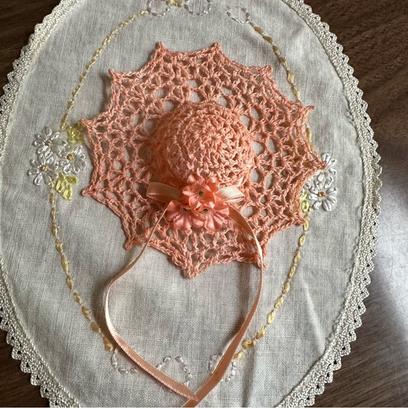 Art | Vintage Hand Crocheted Peachy Pink Lace Doily Hat Gallery Wall ...